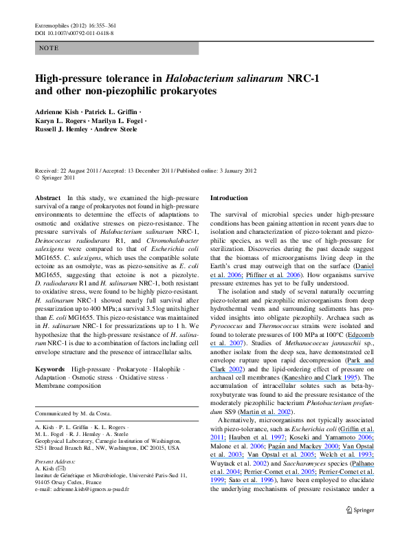 (PDF) High-pressure tolerance in Halobacterium salinarum NRC-1 and ...