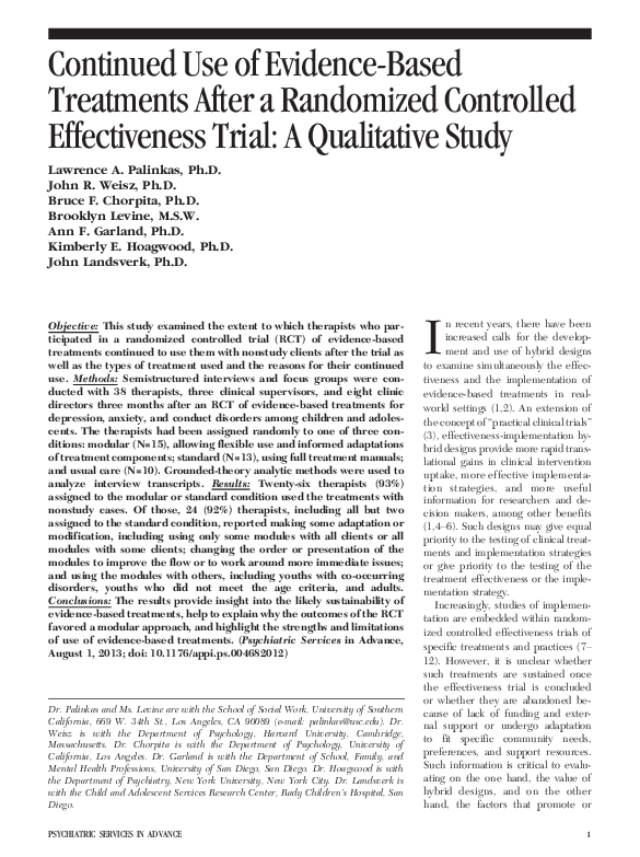 Pdf Continued Use Of Evidence Based Treatments After A Randomized Controlled Effectiveness