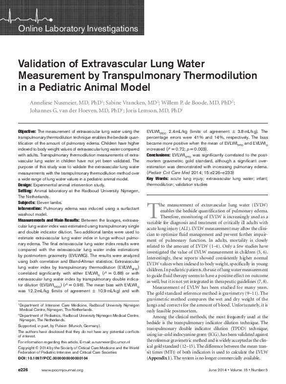 Pdf Validation Of Extravascular Lung Water Measurement By Transpulmonary Thermodilution In A