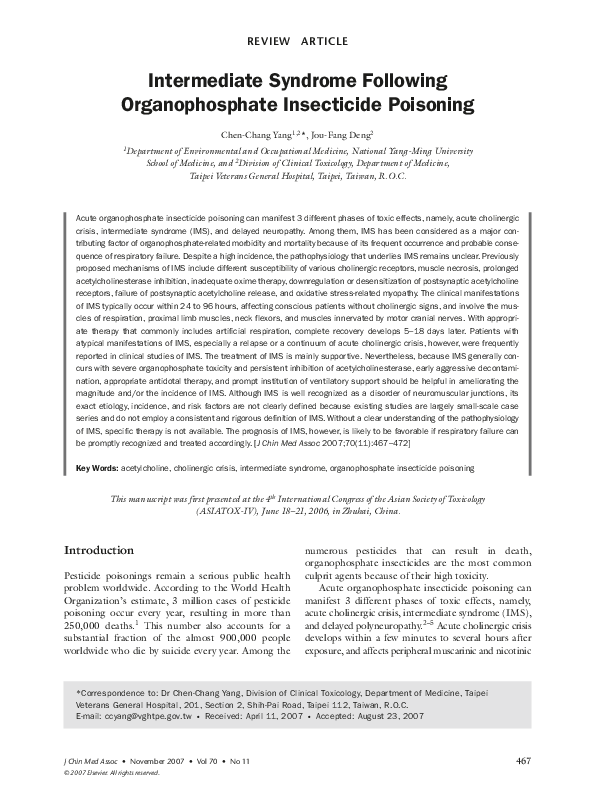 (PDF) Intermediate Syndrome Following Organophosphate Insecticide Poisoning