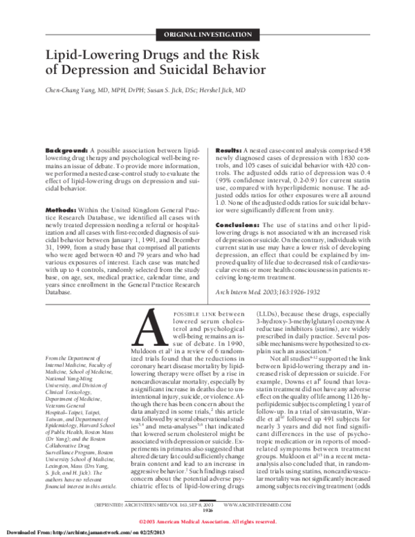 (PDF) Lipid-Lowering Drugs and the Risk of Depression and Suicidal Behavior