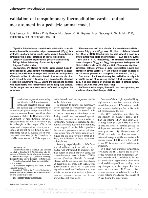 Pdf Validation Of Transpulmonary Thermodilution Cardiac Output Measurement In A Pediatric