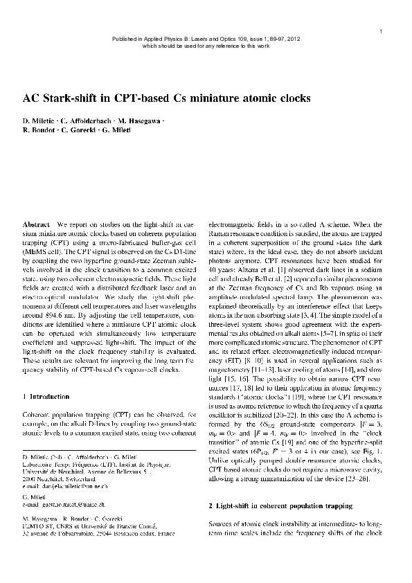 (PDF) AC Stark-shift in CPT-based Cs miniature atomic clocks | G. Mileti - Academia.edu