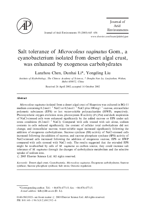 (PDF) Salt tolerance of Microcoleus vaginatus Gom., a cyanobacterium ...