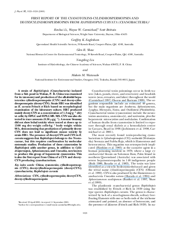 (PDF) First Report of the Cyanotoxins Cylindrospermopsin and ...