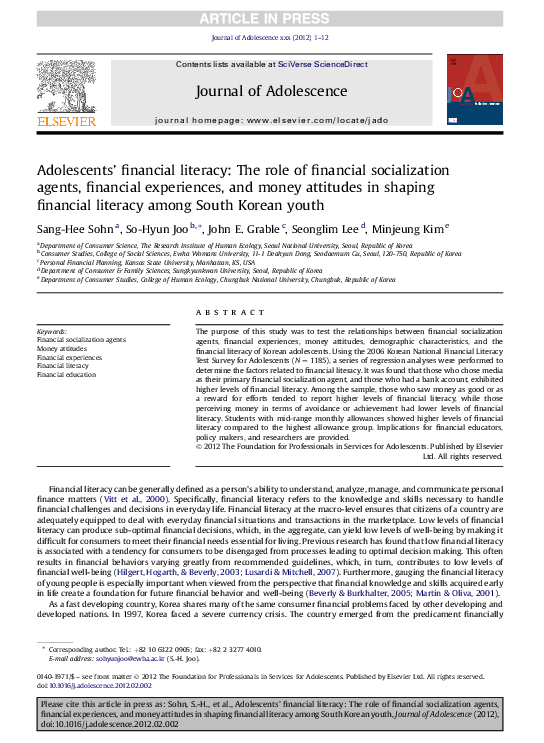 (PDF) Adolescents’ financial literacy: The role of financial ...