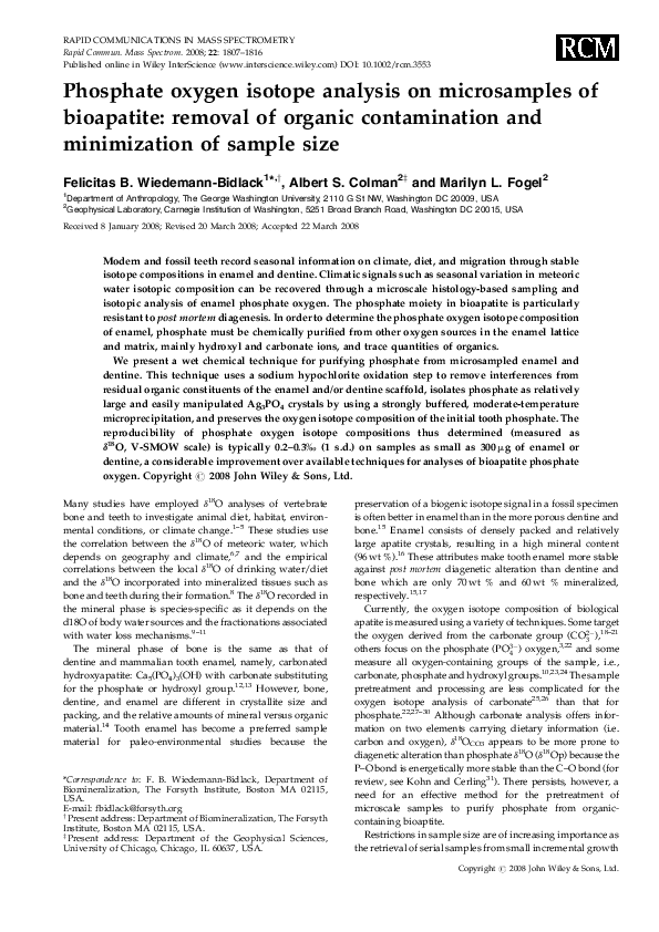 (PDF) Phosphate oxygen isotope analysis on microsamples of bioapatite: removal of organic ...