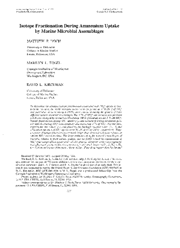 (PDF) Isotope fractionation during ammonium uptake by marine microbial ...