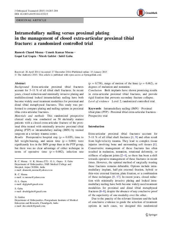 (PDF) Intramedullary nailing versus proximal plating in the management of closed extra-articular ...