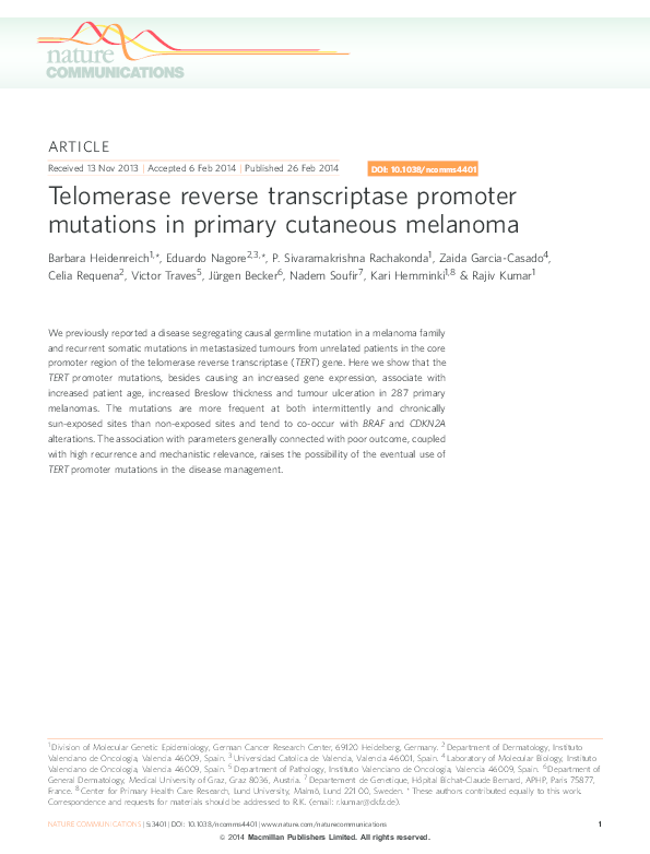 (PDF) Telomerase reverse transcriptase promoter mutations in primary cutaneous melanoma