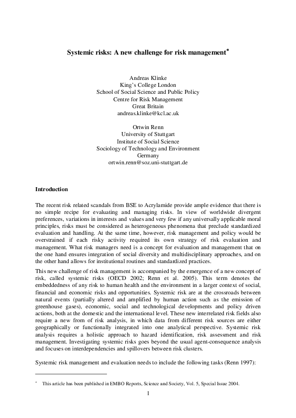 (PDF) Systemic risks: a new challenge for risk management