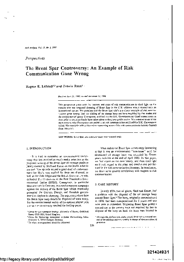 (PDF) The Brent Spar controversy: An example of risk communication gone ...