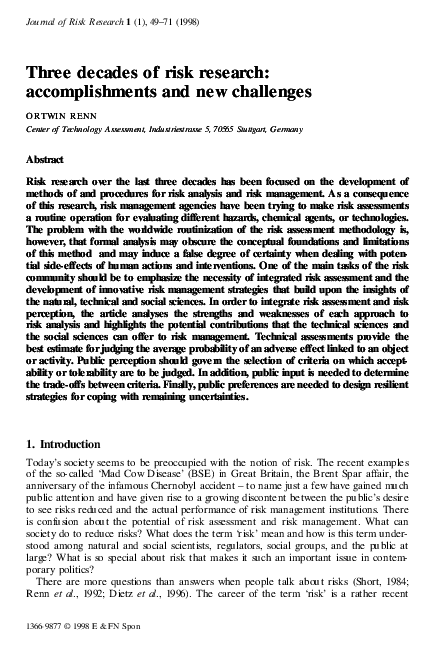 (PDF) Three decades of risk research: accomplishments and new challenges