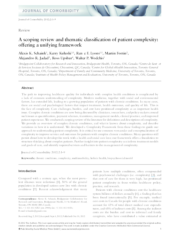 Pdf A Scoping Review And Thematic Classification Of Patient Complexity Offering A Unifying