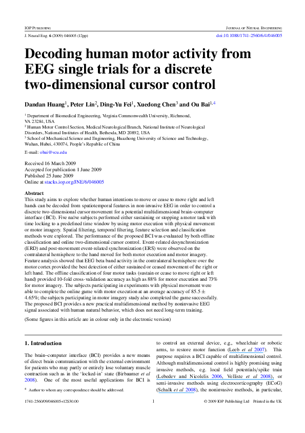 (PDF) Decoding human motor activity from EEG single trials for a discrete two-dimensional cursor ...