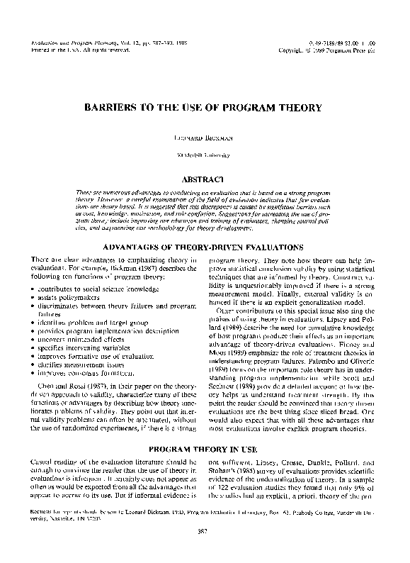 (PDF) BARRIERS TO THE USE OF PROGRAM THEORY | Leonard bickman ...