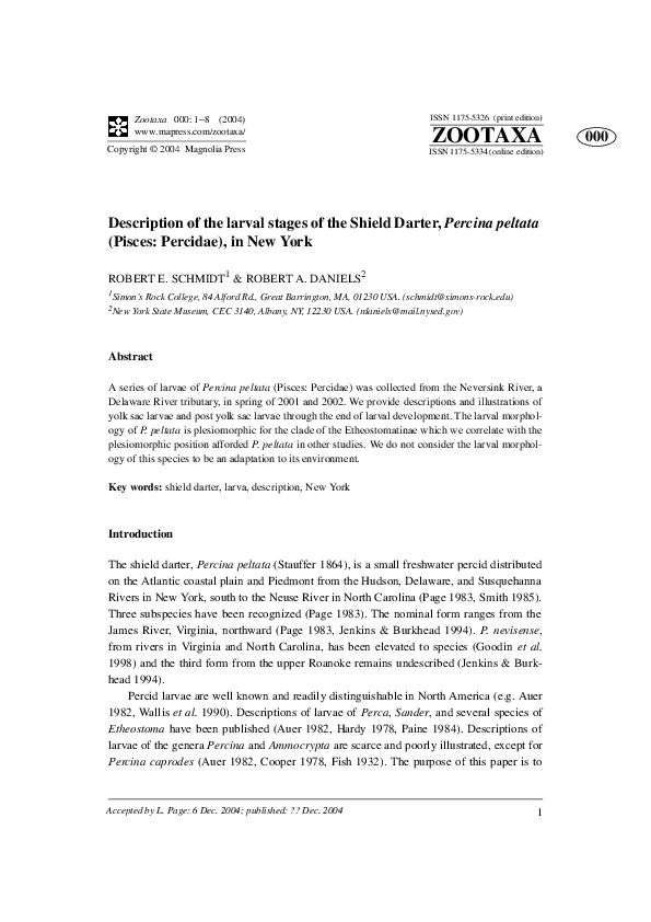 (PDF) Description of the larval stages of the Shield Darter, Percina ...