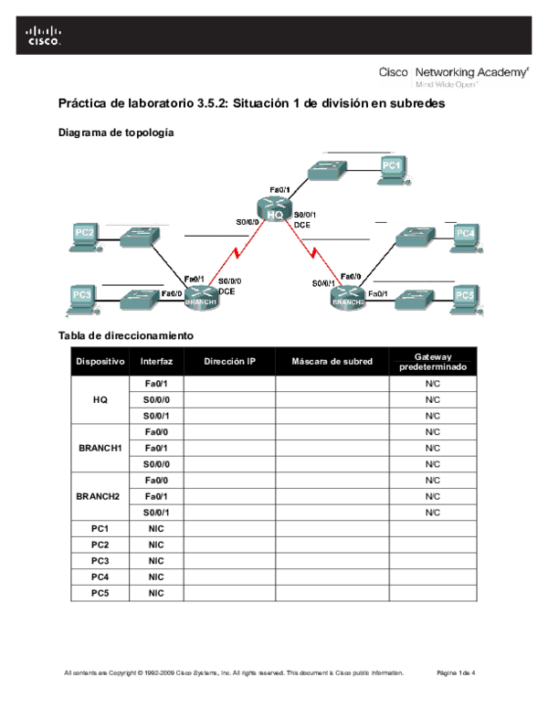 (PDF) Práctica de laboratorio 3.5.2: Situación 1 de división en subredes