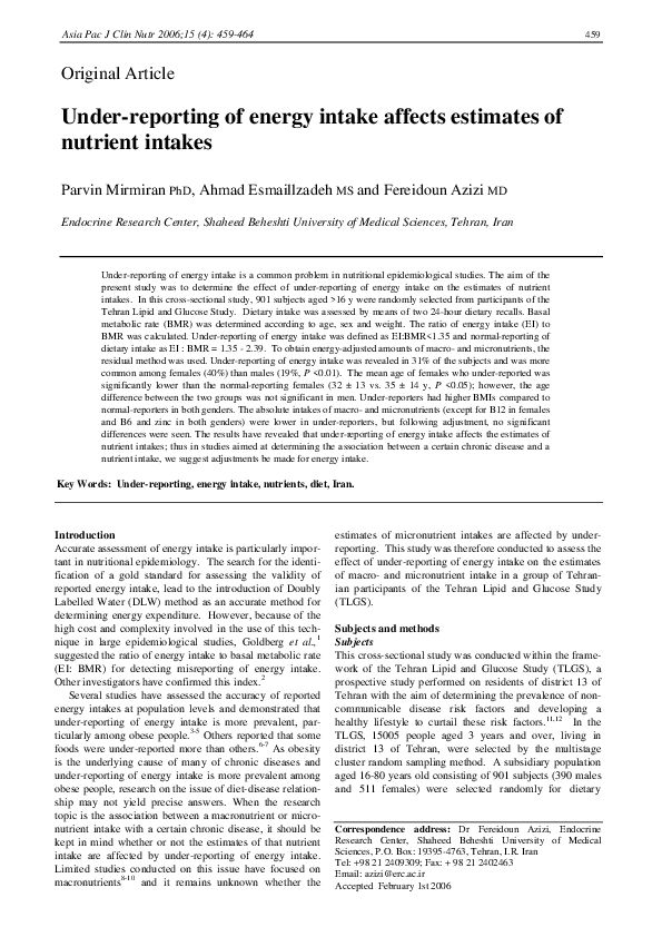 (PDF) Under-reporting of energy intake affects estimates of nutrient ...