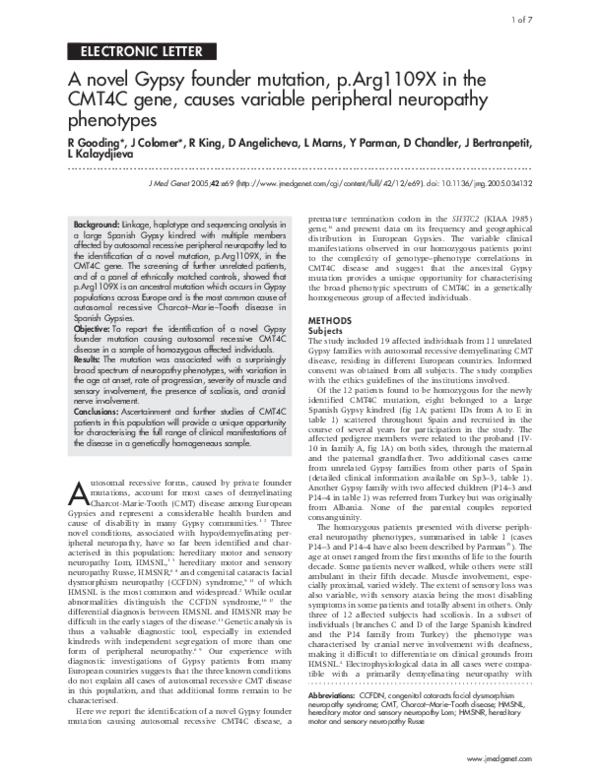 (PDF) A novel Gypsy founder mutation, p. Arg1109X in the CMT4C gene ...