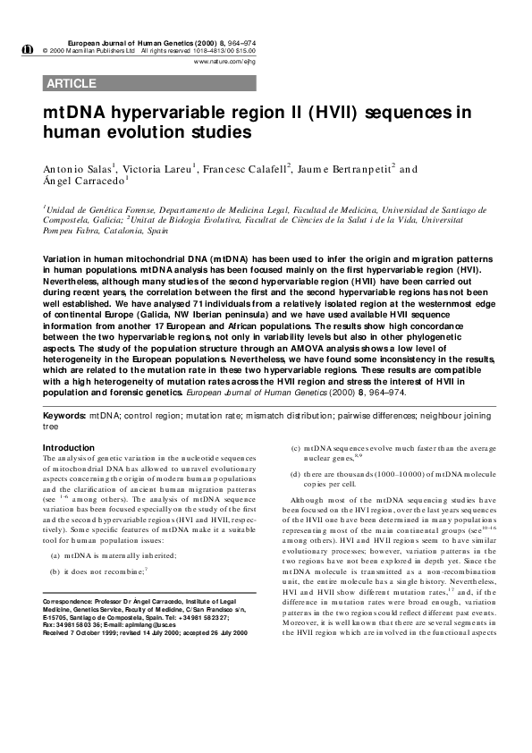 (PDF) mtDNA hypervariable region II (HVII) sequences in human evolution ...