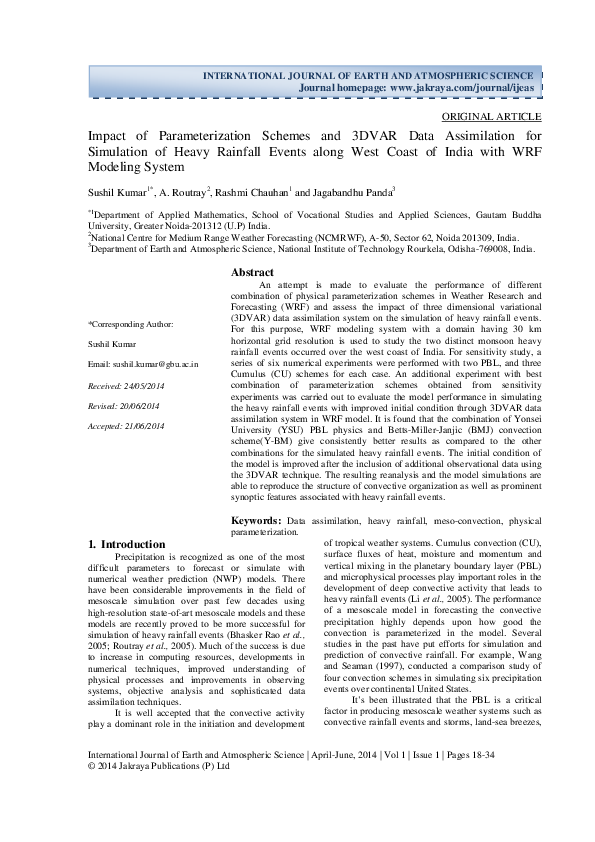 Pdf Impact Of Parameterization Schemes And 3dvar Data Assimilation For Simulation Of Heavy