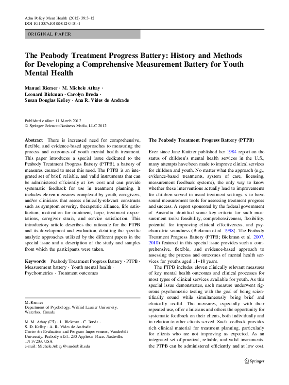 (PDF) The Peabody Treatment Progress Battery: History and Methods for ...