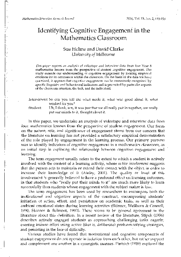(PDF) Identifying cognitive engagement in the mathematics classroom