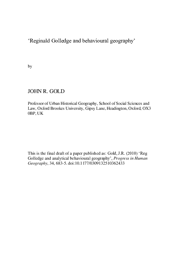 (PDF) 'Reginald Golledge and behavioural geography'