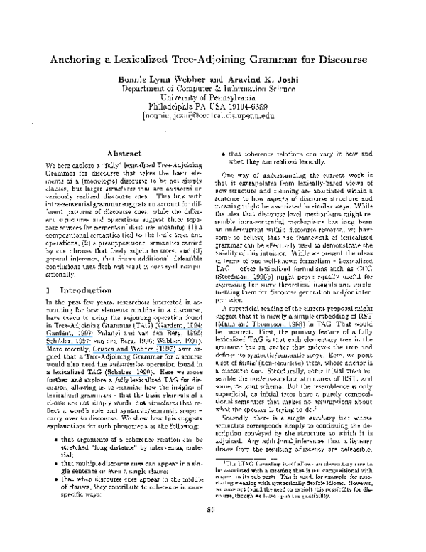 (PDF) Anchoring a lexicalized tree-adjoining grammar for discourse