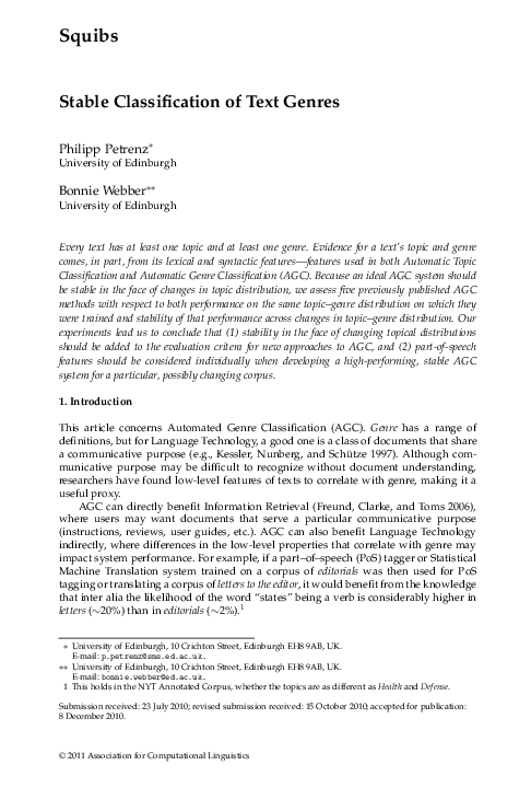 (PDF) Stable Classification of Text Genres