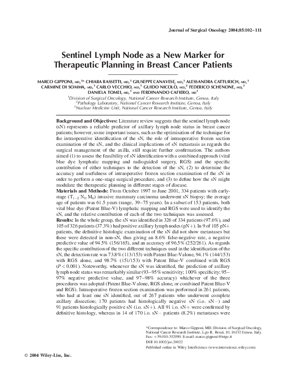 (PDF) Sentinel lymph node as a new marker for therapeutic planning in ...