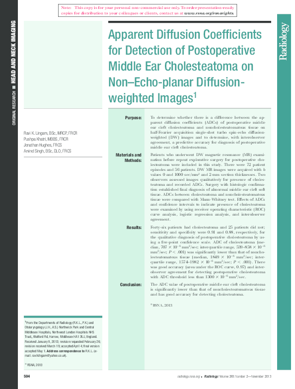(PDF) Apparent Diffusion Coefficients for Detection of Postoperative ...