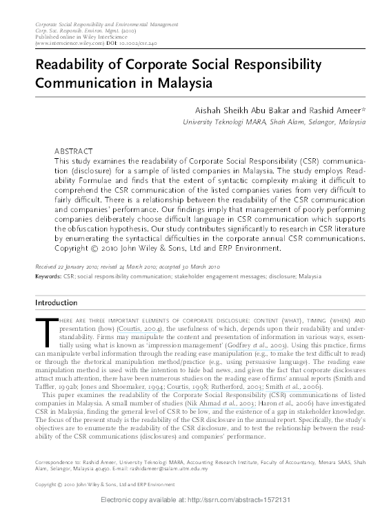 (PDF) Readability of Corporate Social Responsibility communication in ...