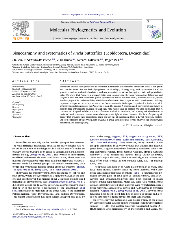 (PDF) Biogeography and systematics of Aricia butterflies (Lepidoptera ...