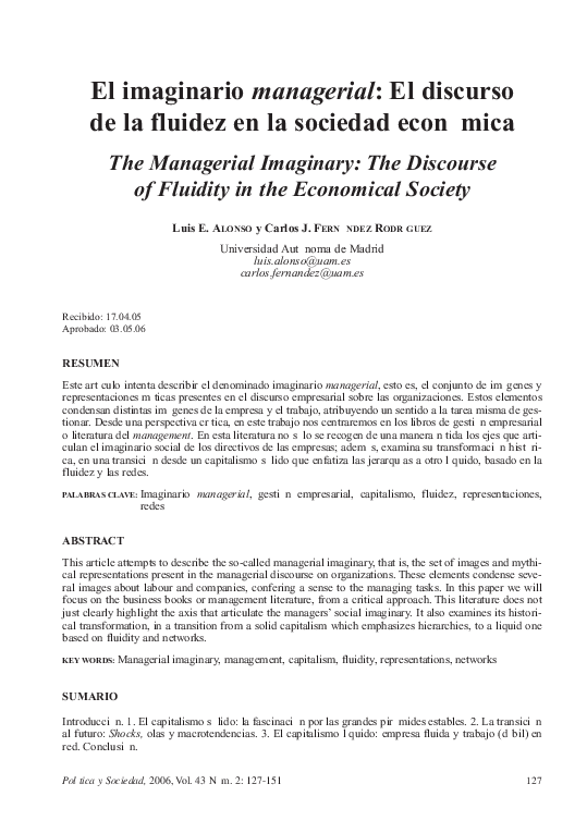 (PDF) El imaginario managerial: El discurso de la fluidez en la sociedad económica | Carlos ...