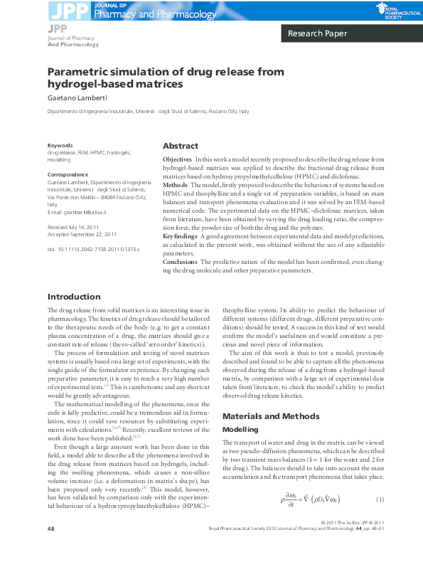 (PDF) Parametric simulation of drug release from hydrogel-based matrices