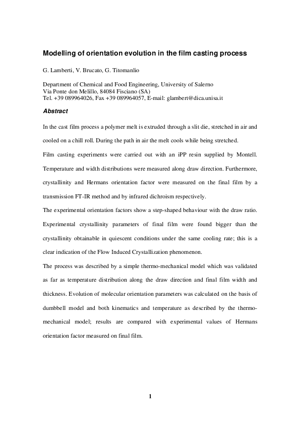 (PDF) Modelling of orientation evolution in the film casting process