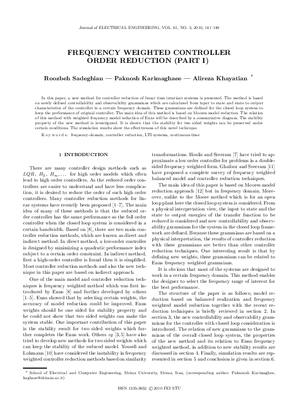 (PDF) Frequency Weighted Controller Order Reduction (Part I)