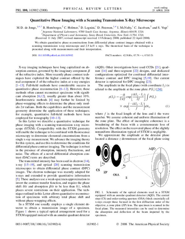 (PDF) Quantitative phase imaging with a scanning transmission x-ray microscope