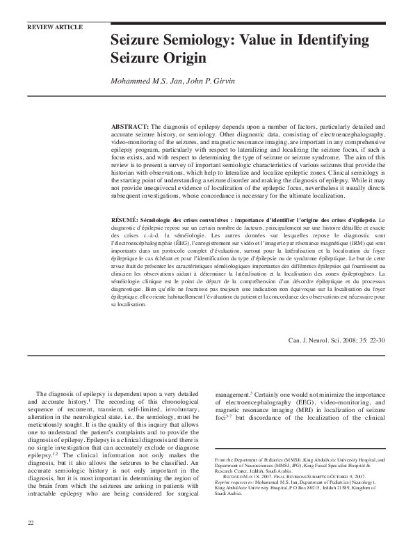 (PDF) Seizure semiology: value in identifying seizure origin