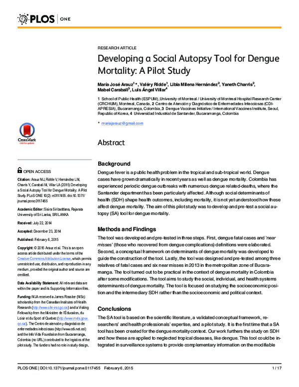 (PDF) Developing a Social Autopsy Tool for Dengue Mortality: A Pilot Study