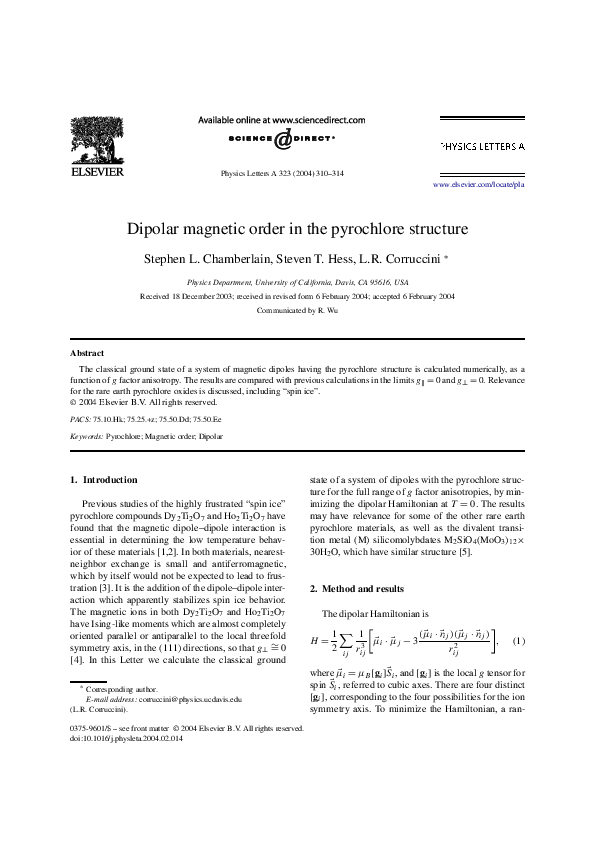 (PDF) Dipolar magnetic order in the pyrochlore structure