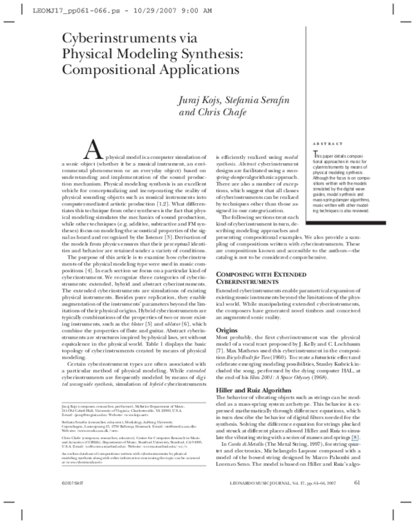 Pdf Cyberinstruments Via Physical Modeling Synthesis Compositional