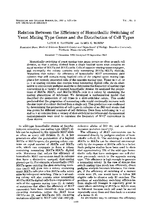(PDF) Relation between the efficiency of homothallic switching of yeast ...