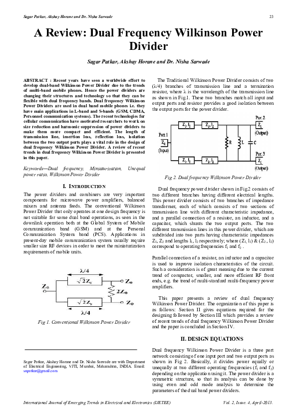 (PDF) A Review: Dual Frequency Wilkinson Power Divider