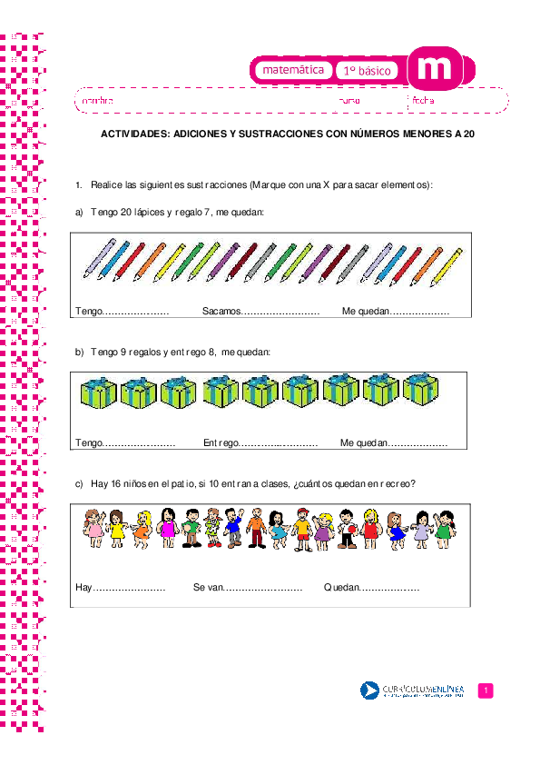 (PDF) ACTIVIDADES: ADICIONES Y SUSTRACCIONES CON NÚMEROS MENORES A 20
