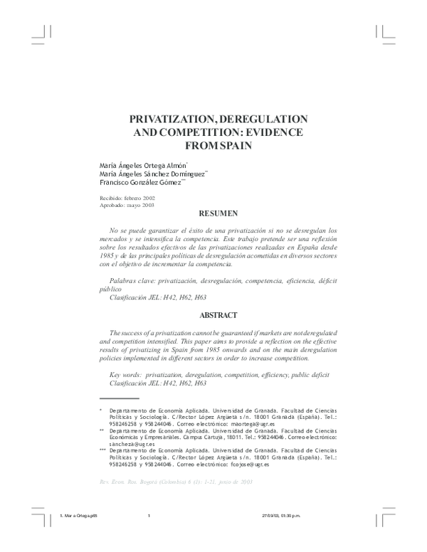 (PDF) Privatization, deregulation and competition: evidence from Spain