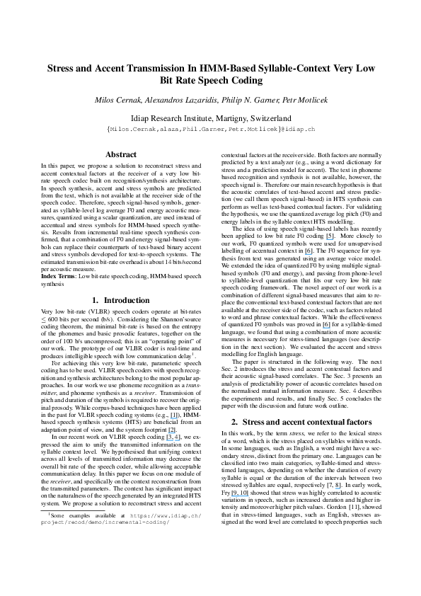 (PDF) Stress and Accent Transmission In HMM-Based Syllable-Context Very Low Bit Rate Speech Coding