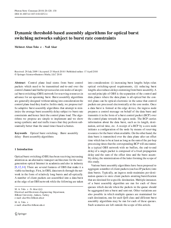 (PDF) Dynamic threshold-based assembly algorithms for optical burst switching networks subject ...
